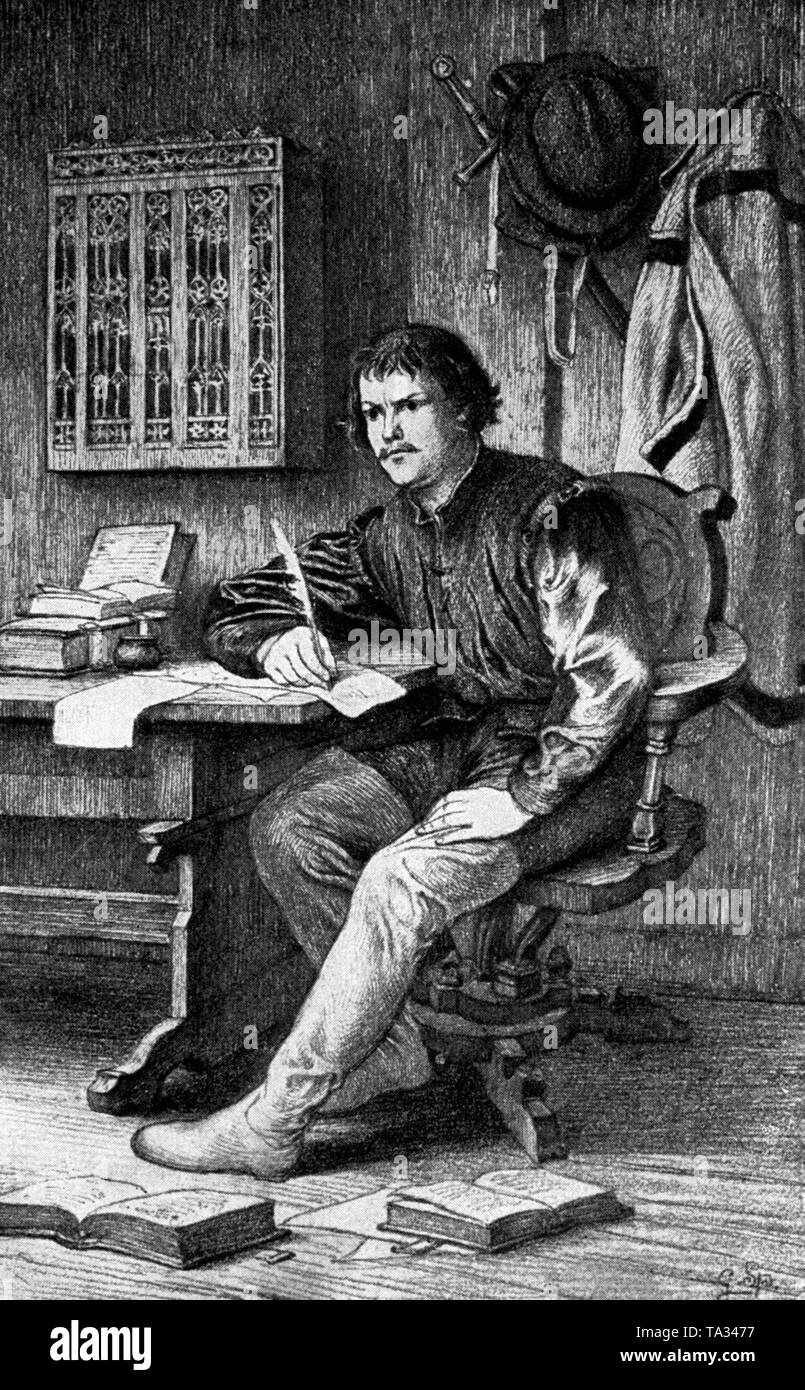 Martin Luther as "Junker Joerg" workig on the translation of the Bible ...