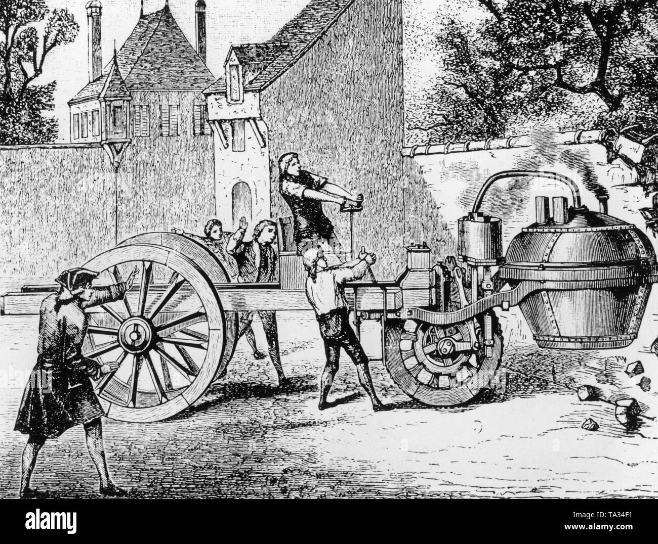 The steam car of the French designer Nicholas Cugnot collides with a ...