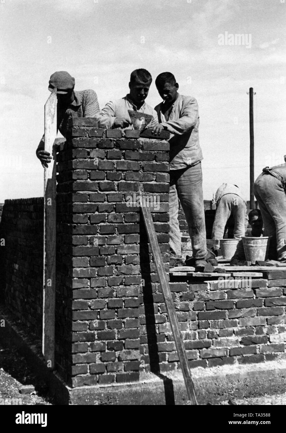 Detainees in the Dachau concentration camp building a wall. This photo ...