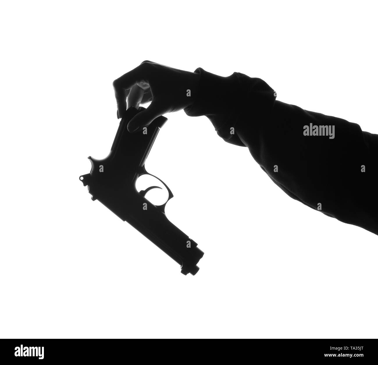 Silhouette of human hand with gun on white background Stock Photo - Alamy