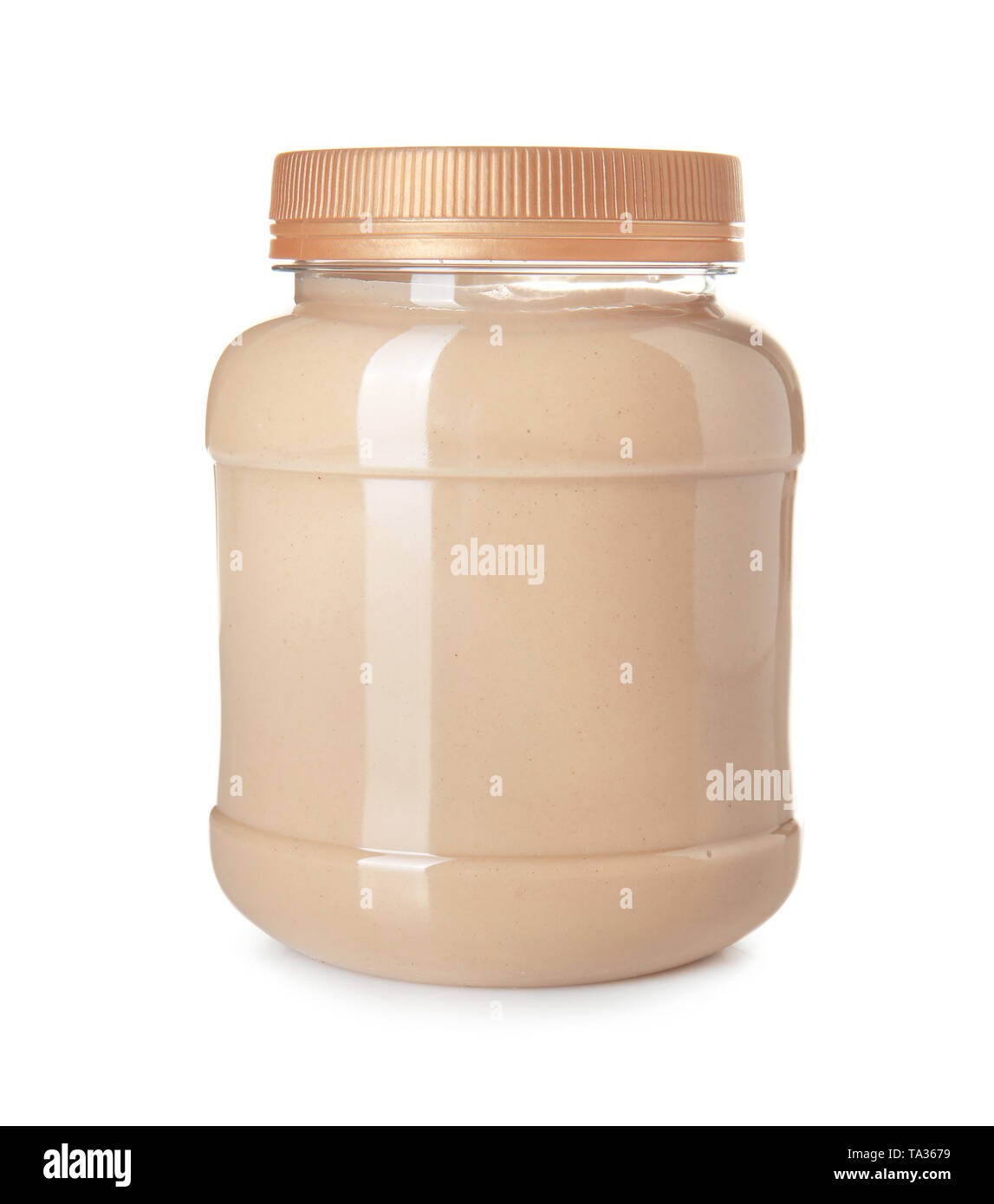 Jar of tasty tahini on white background Stock Photo - Alamy
