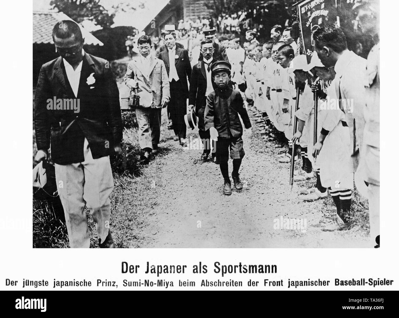 The Japanese Prince Mikasa inspects the members of a Japanese baseball ...