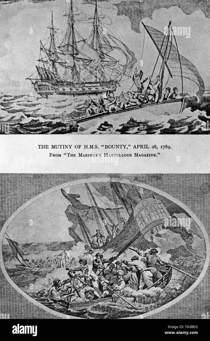 Mutiny of the crew of the British ship "Bounty" in 1789. Drawing from ...