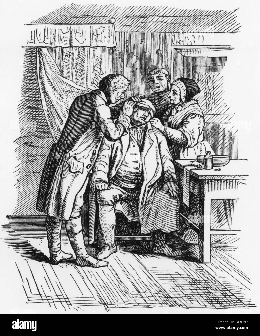 Woodcut by Ludwig Richter. A village barber surgeon treats a patient ...