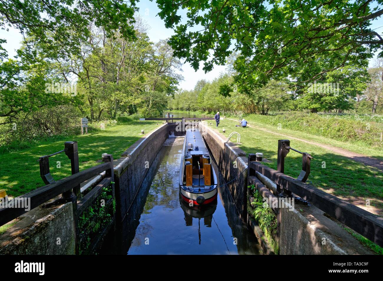 A narrow boat passing through Newark lock on the River Wey Navigation ...