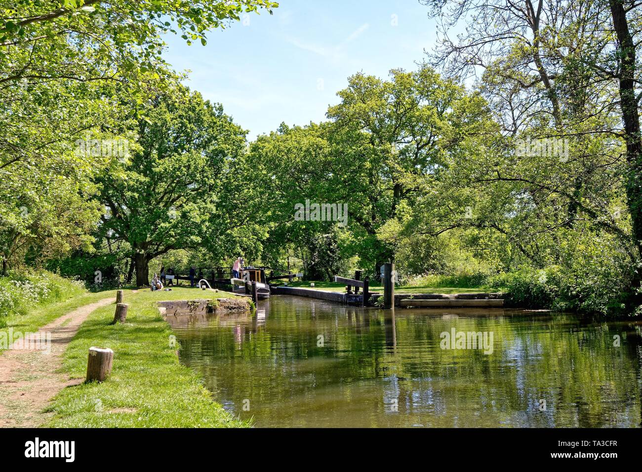 A narrow boat passing through Newark lock on the River Wey Navigation ...