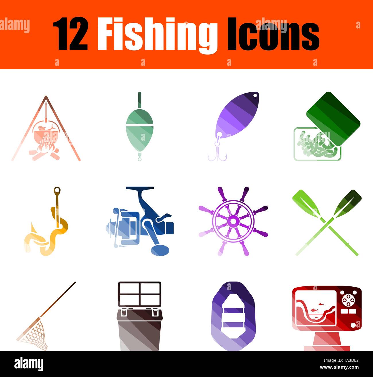 Fishing Icon Set. Flat Color Ladder Design. Vector Illustration Stock ...