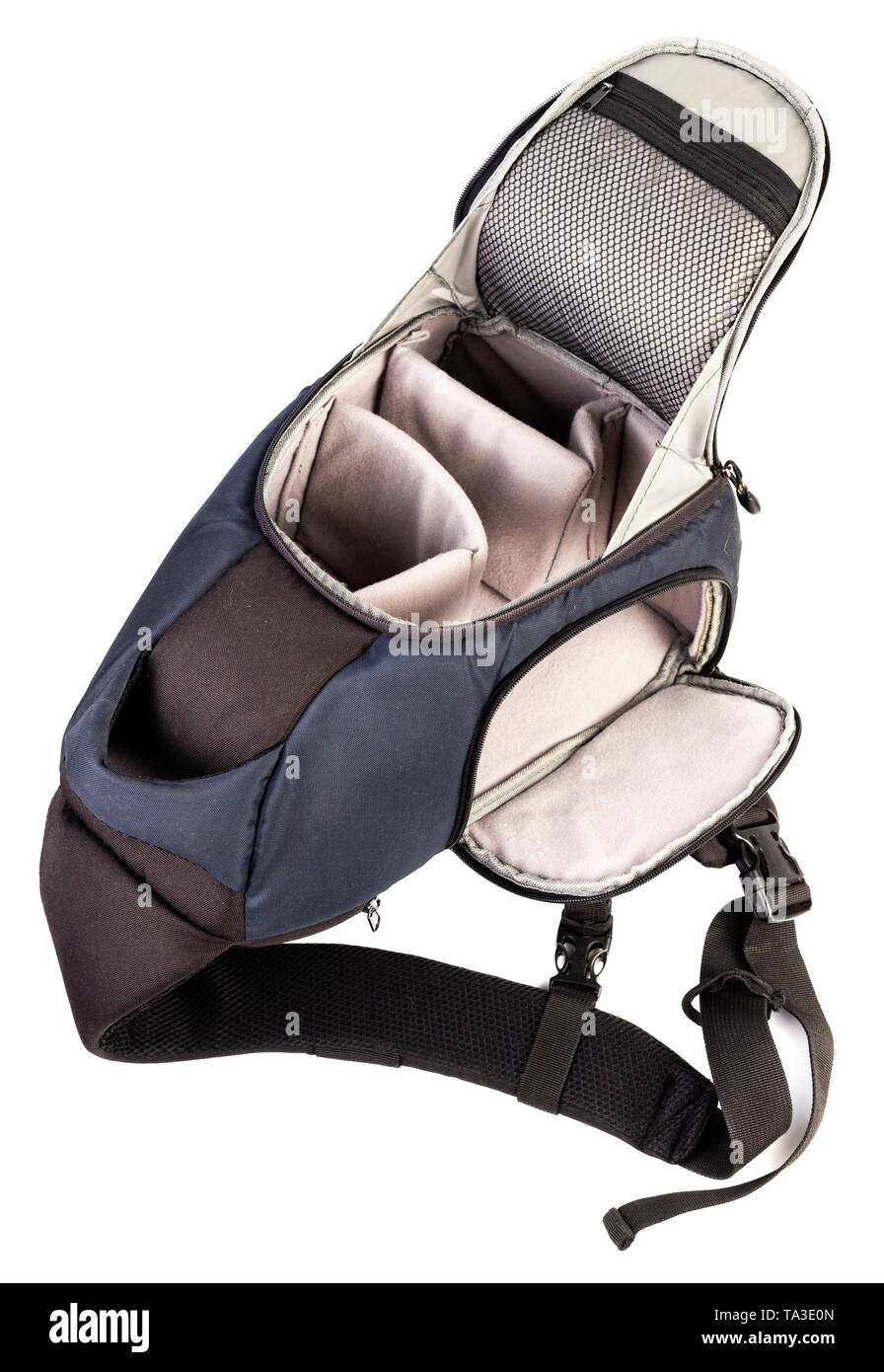 Used black and blue fabric camera bag isolated on white background ...
