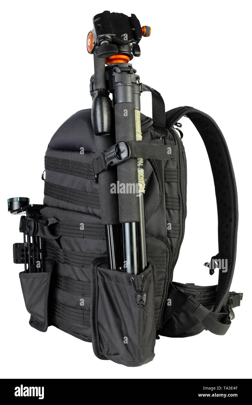 Black professional tactical molle black photo backpack with tripod and ...
