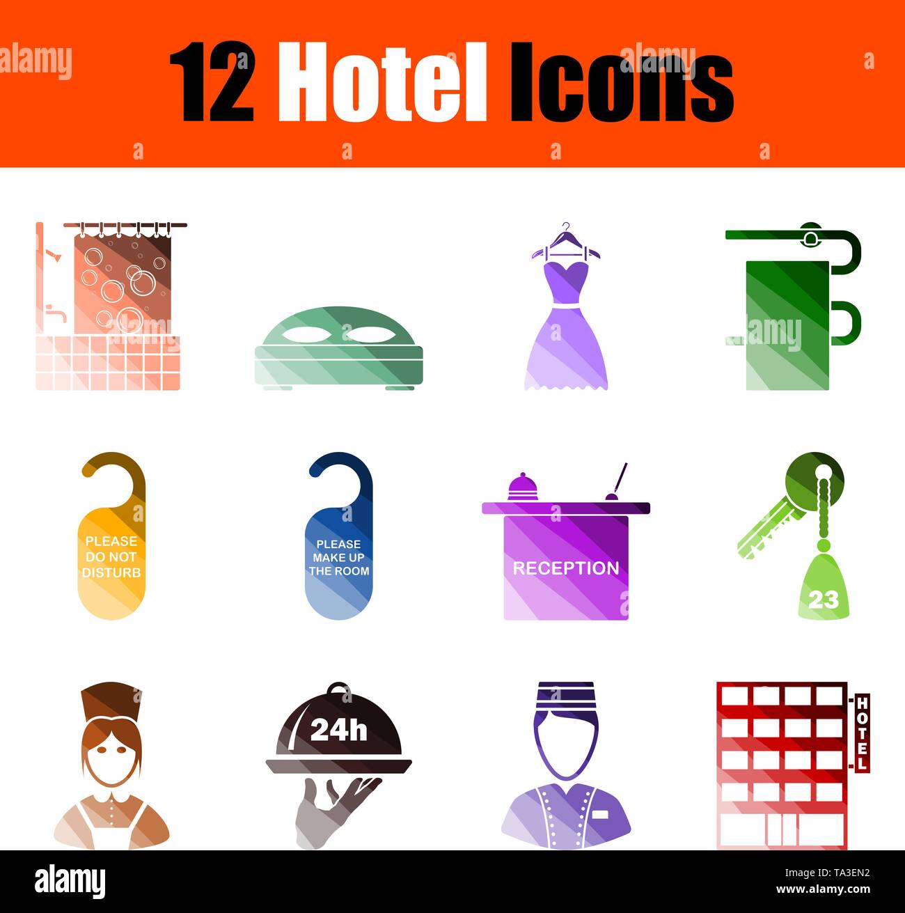 Hotel Icon Set. Flat Color Ladder Design. Vector Illustration Stock ...