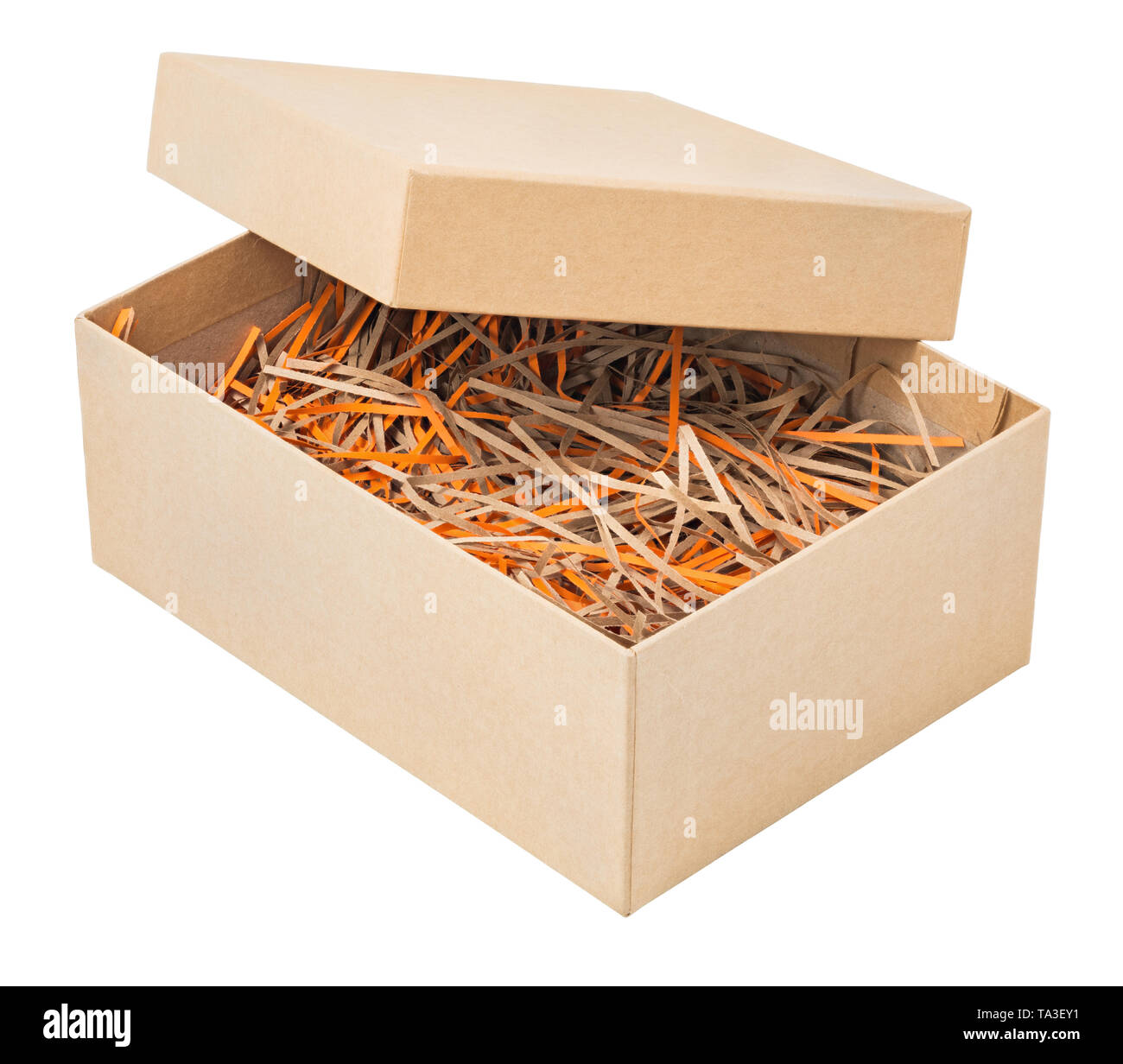 opened cardboard box with colored paper straw isolated on white ...