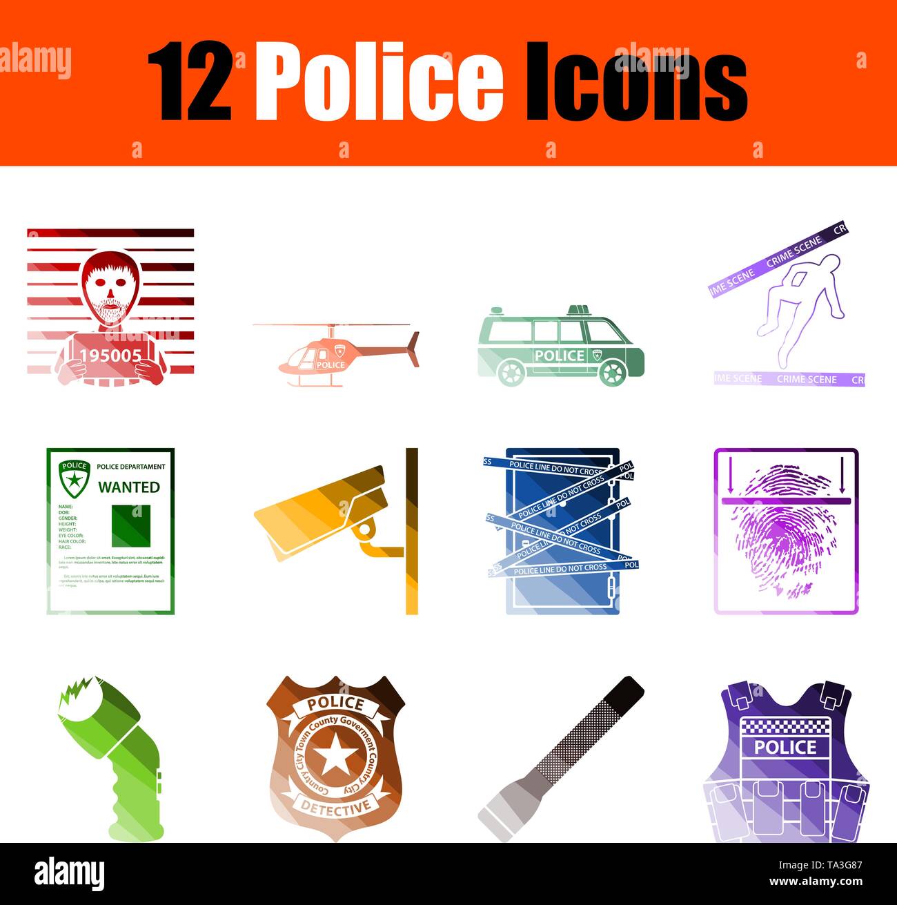 Police Icon Set. Flat Color Ladder Design. Vector Illustration Stock ...