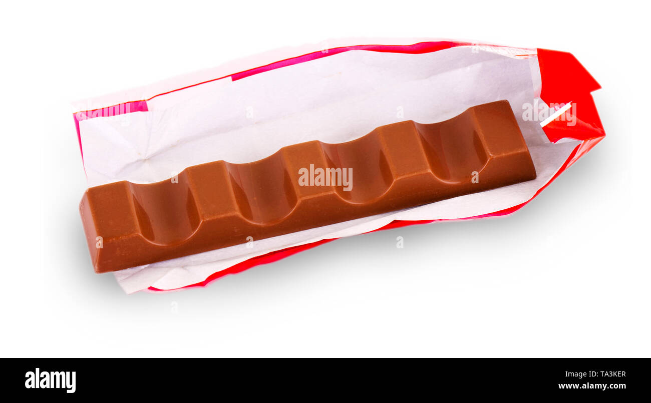 Chocolate bar in opened wrapping, isolated on white Stock Photo - Alamy