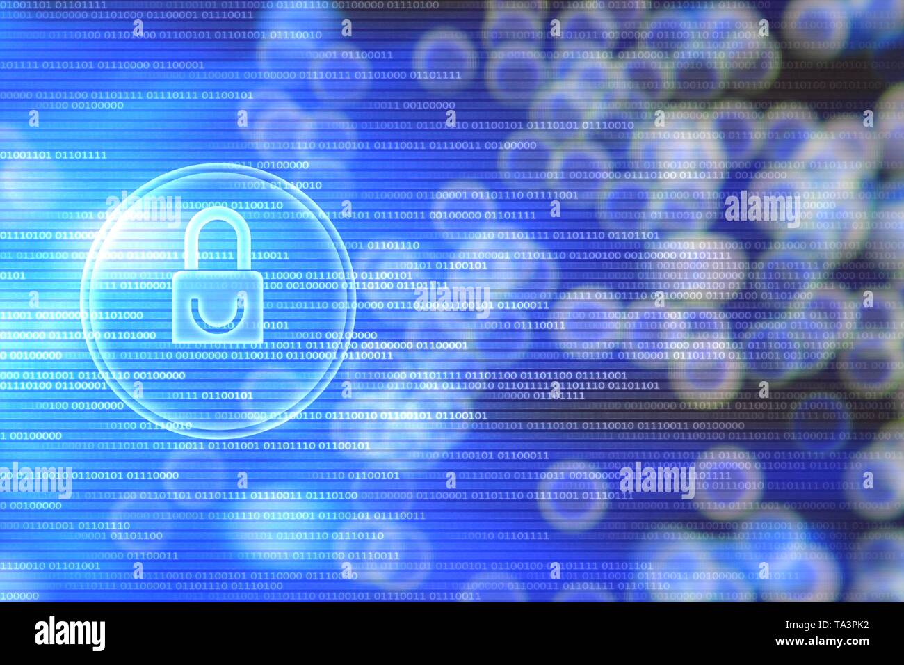 white padlock icon on blue binary code background defocused light bokeh. digital world cyber ...