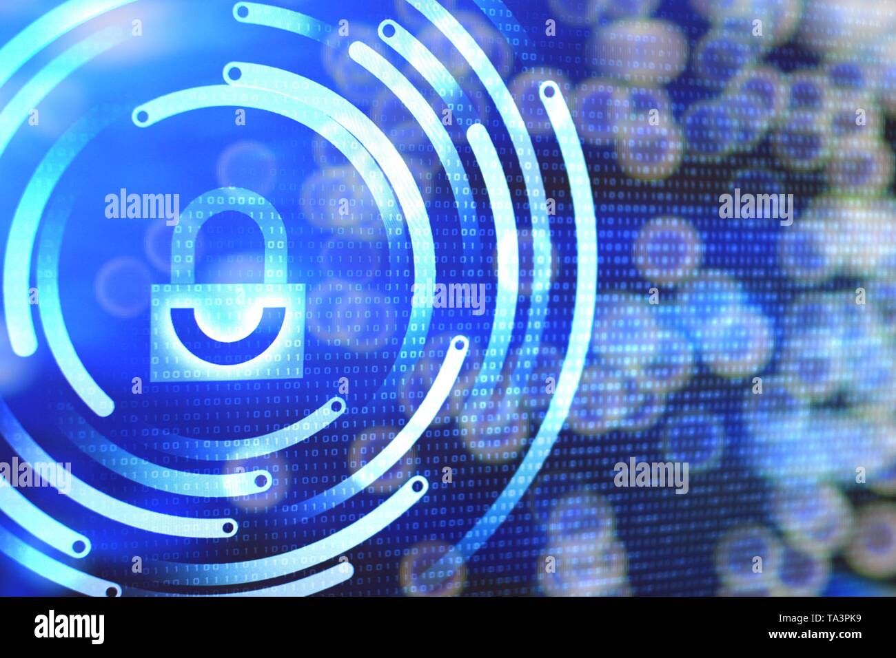 white padlock icon on blue binary code background defocused light bokeh ...