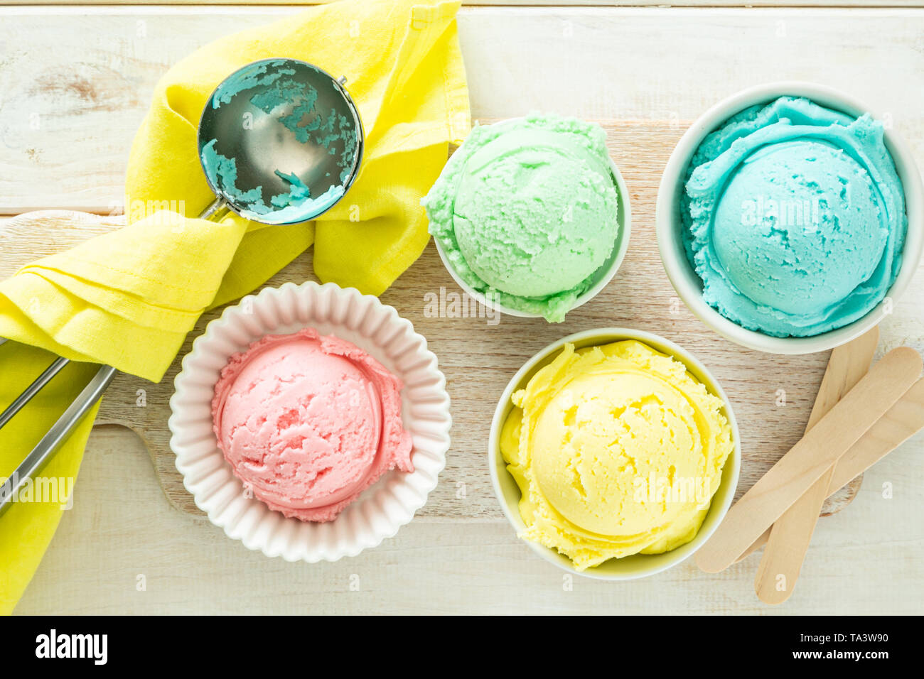 Pastel ice cream in white bowls Stock Photo - Alamy