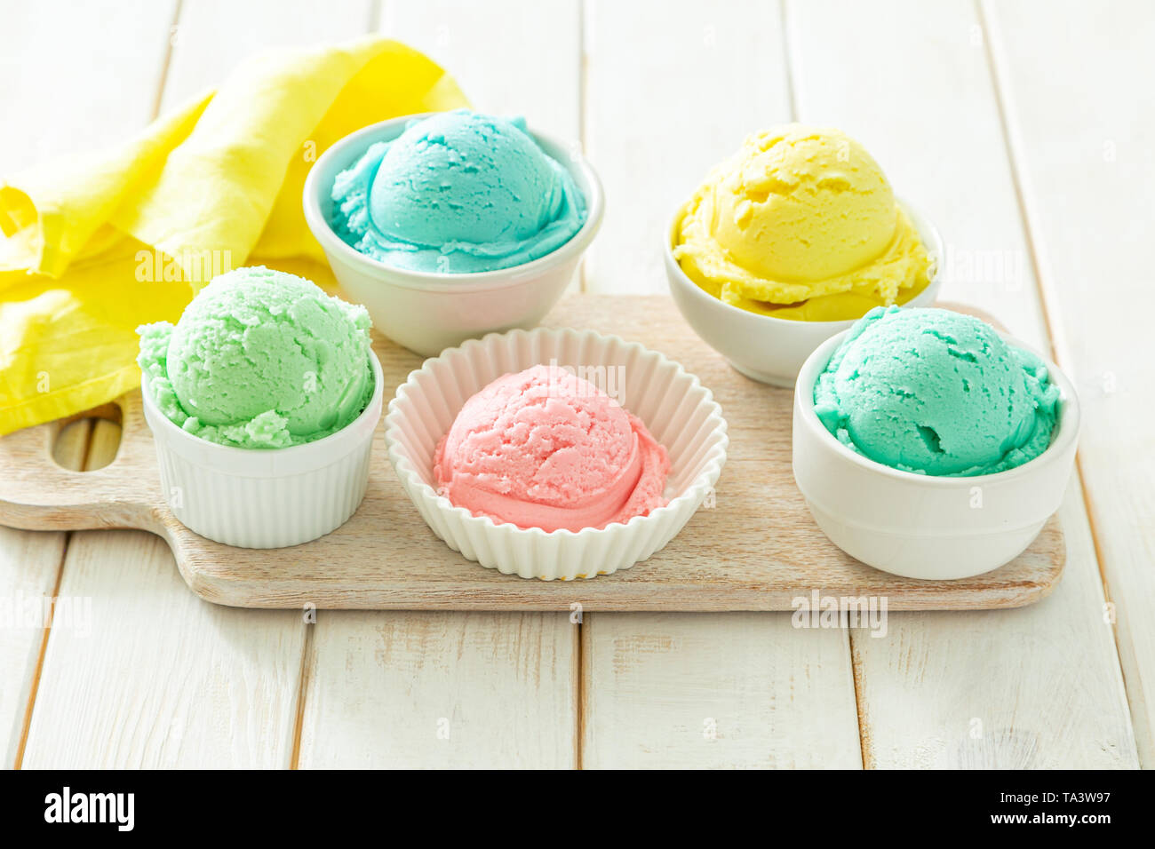 Pastel ice cream in white bowls Stock Photo - Alamy