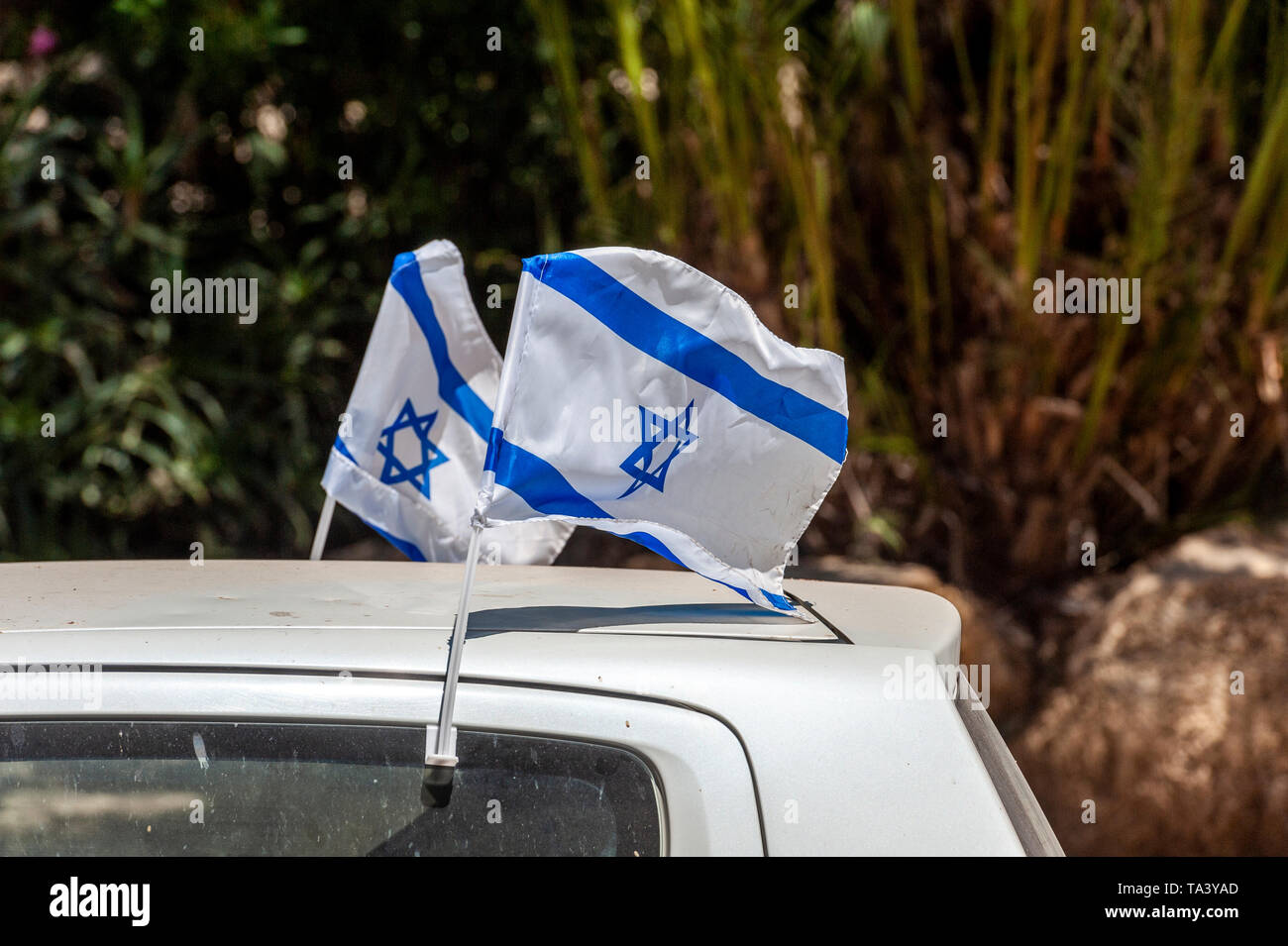 Israel, Tel Aviv-Yafo - 11 May 2019: Israeli flags on a car on Yom ...