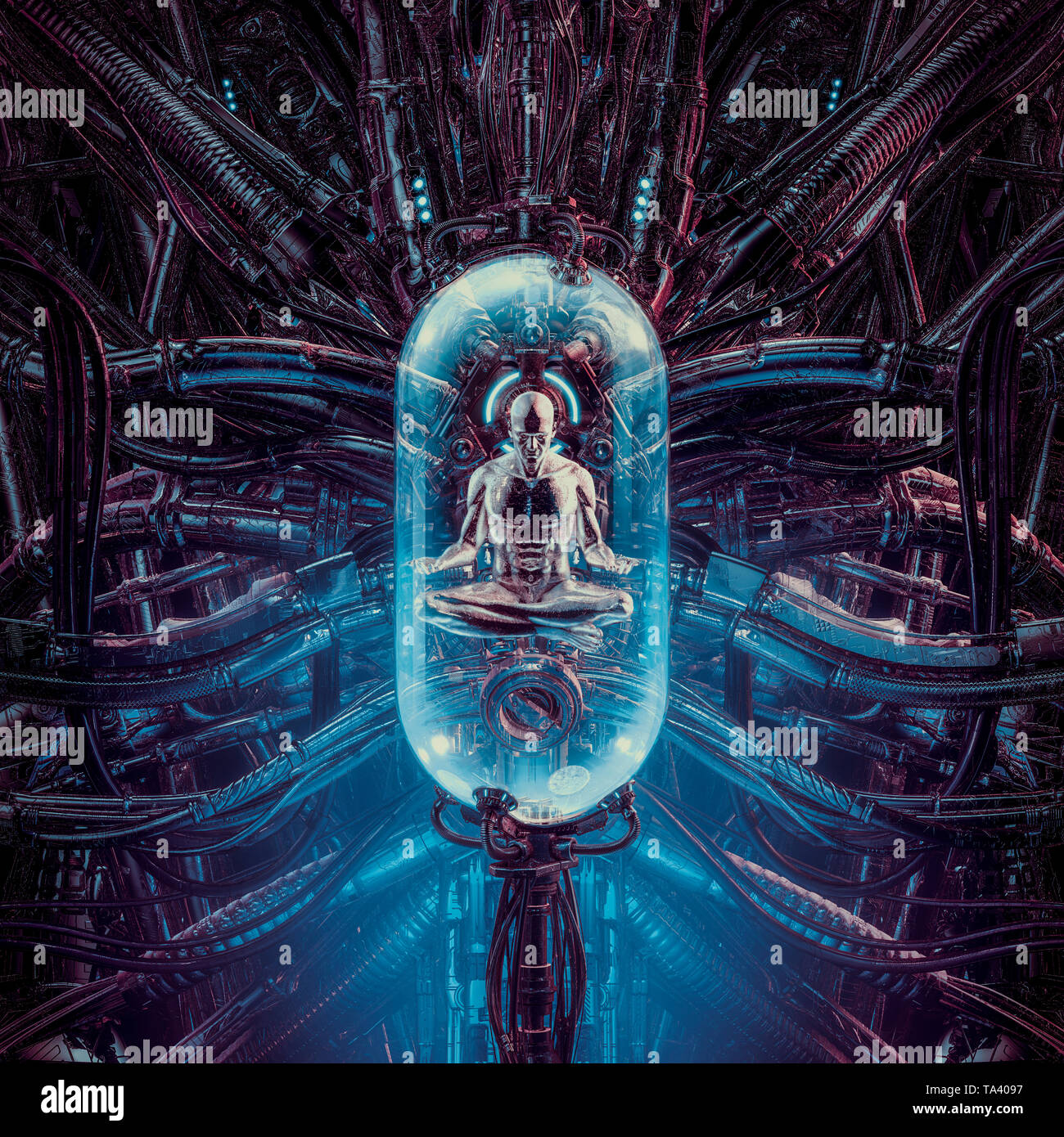 The human pod meditation / 3D illustration of science fiction scene ...