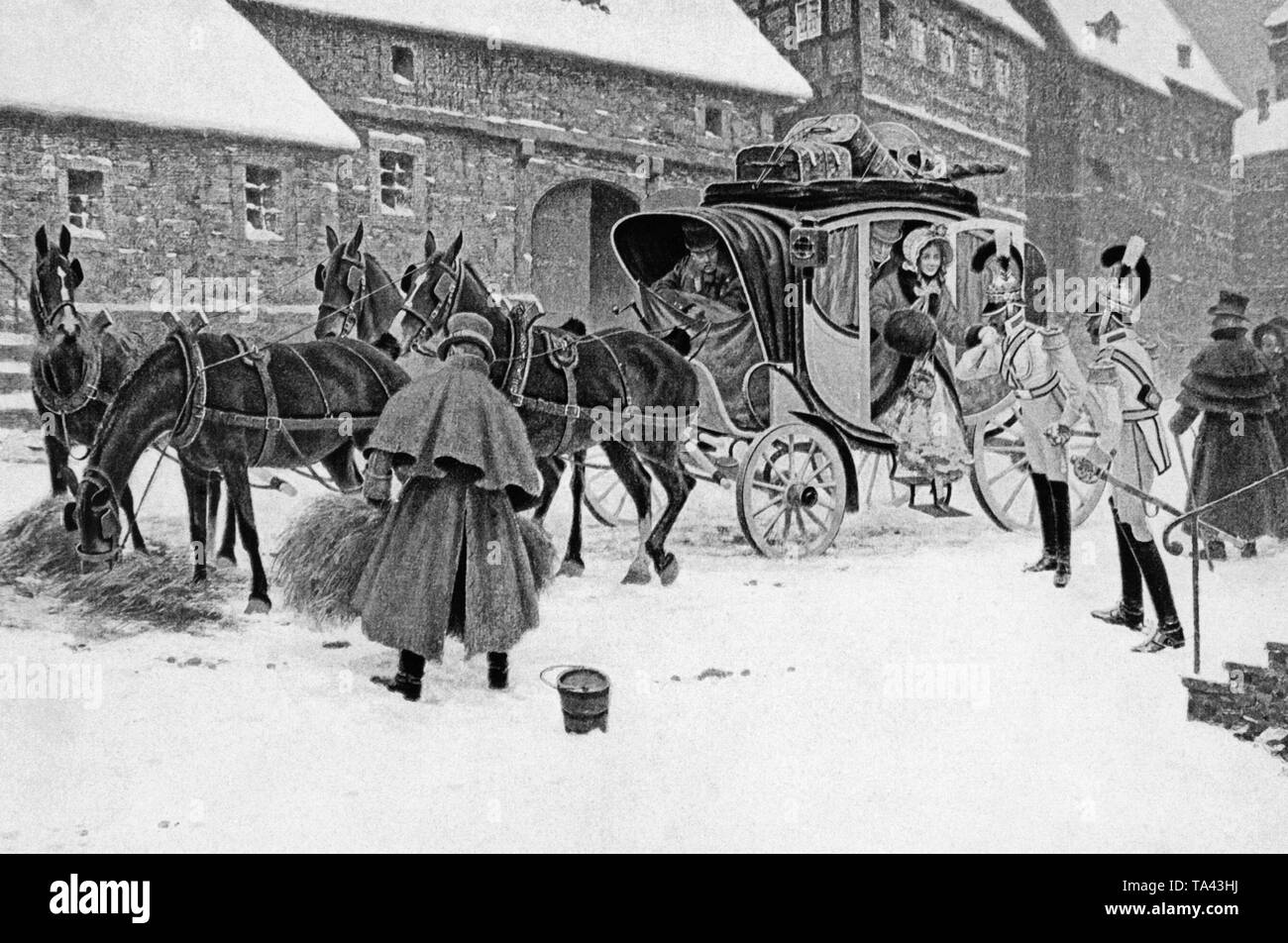 The photo after a contemporary illustration shows the arrival of a ...