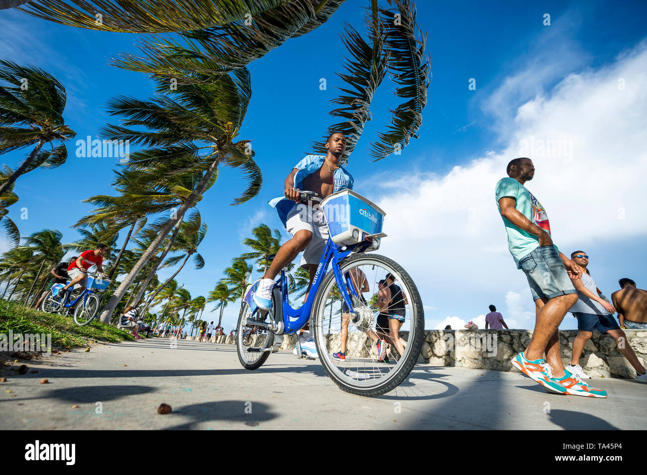 MIAMI - SEPTEMBER, 2018: Tourists ride Citibikes, a brand that has ...