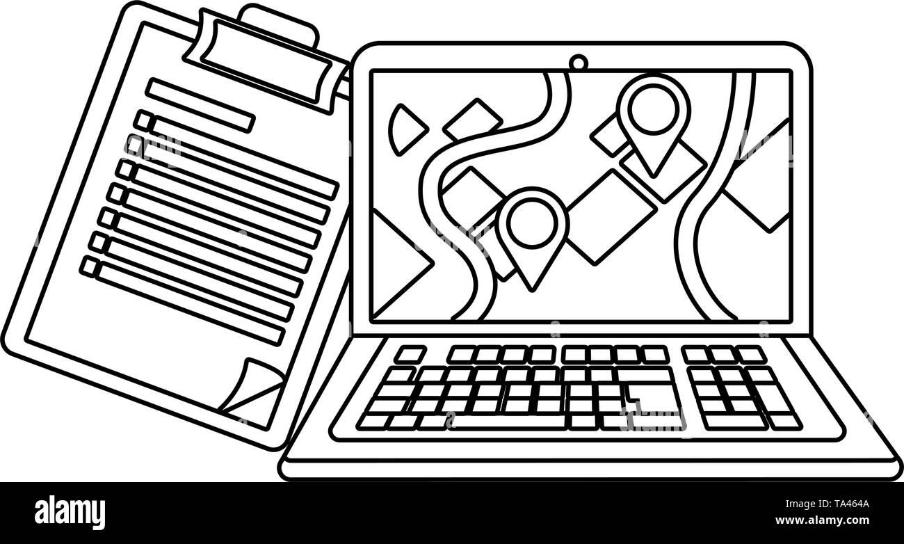 laptop showing map with location pointers and checklist vector ...