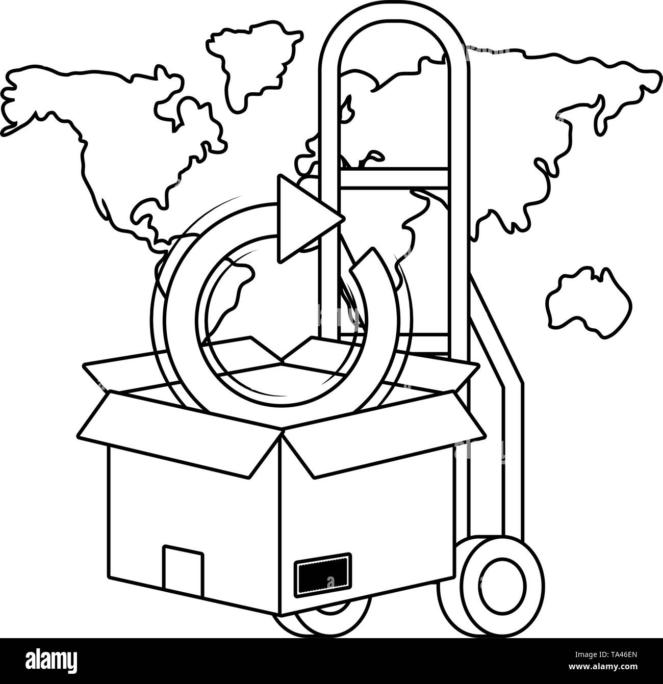 pushcart with box and map and a return arrow vector illustration ...