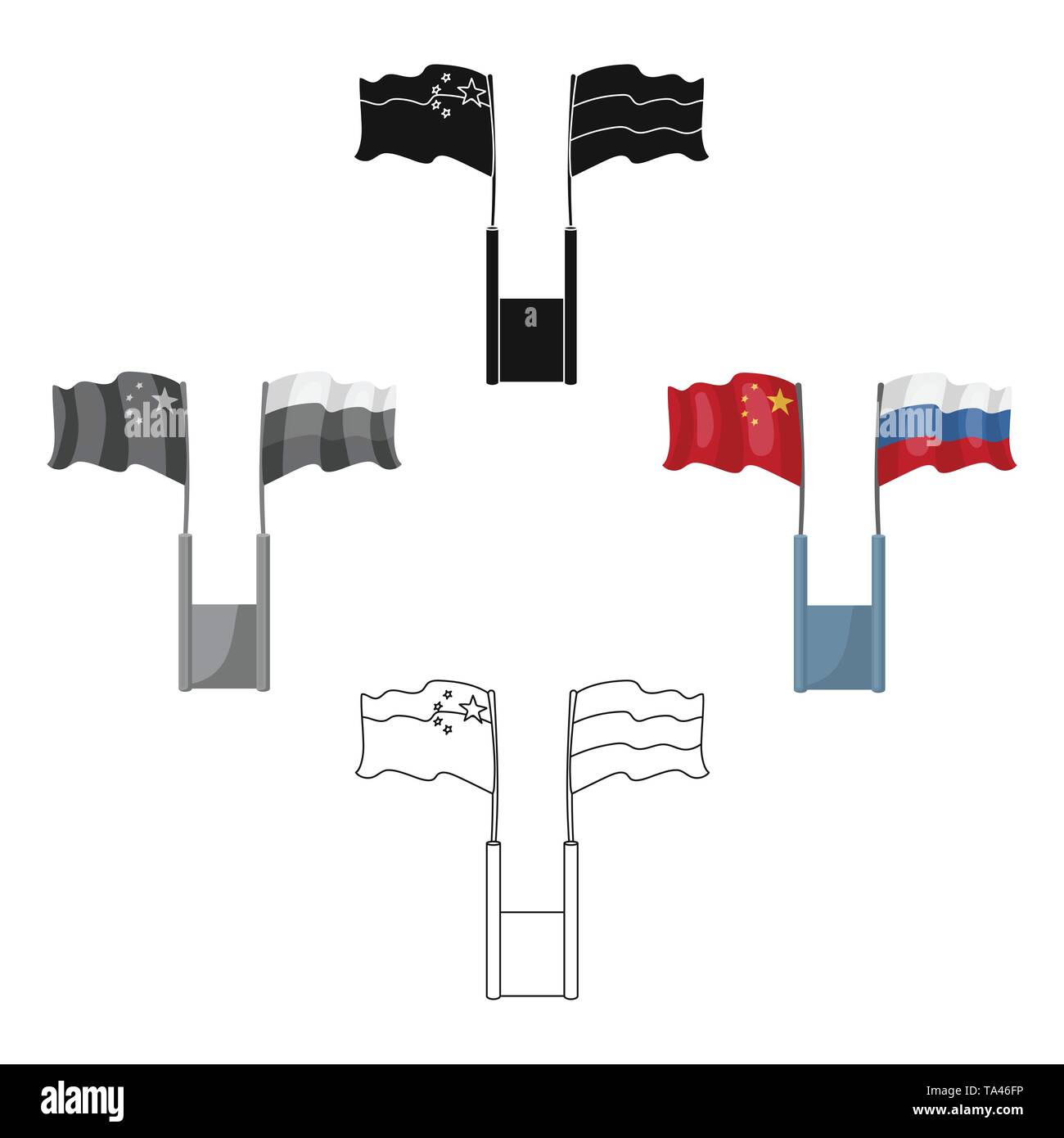 Russia and China flags icon in cartoon,black design isolated on white ...