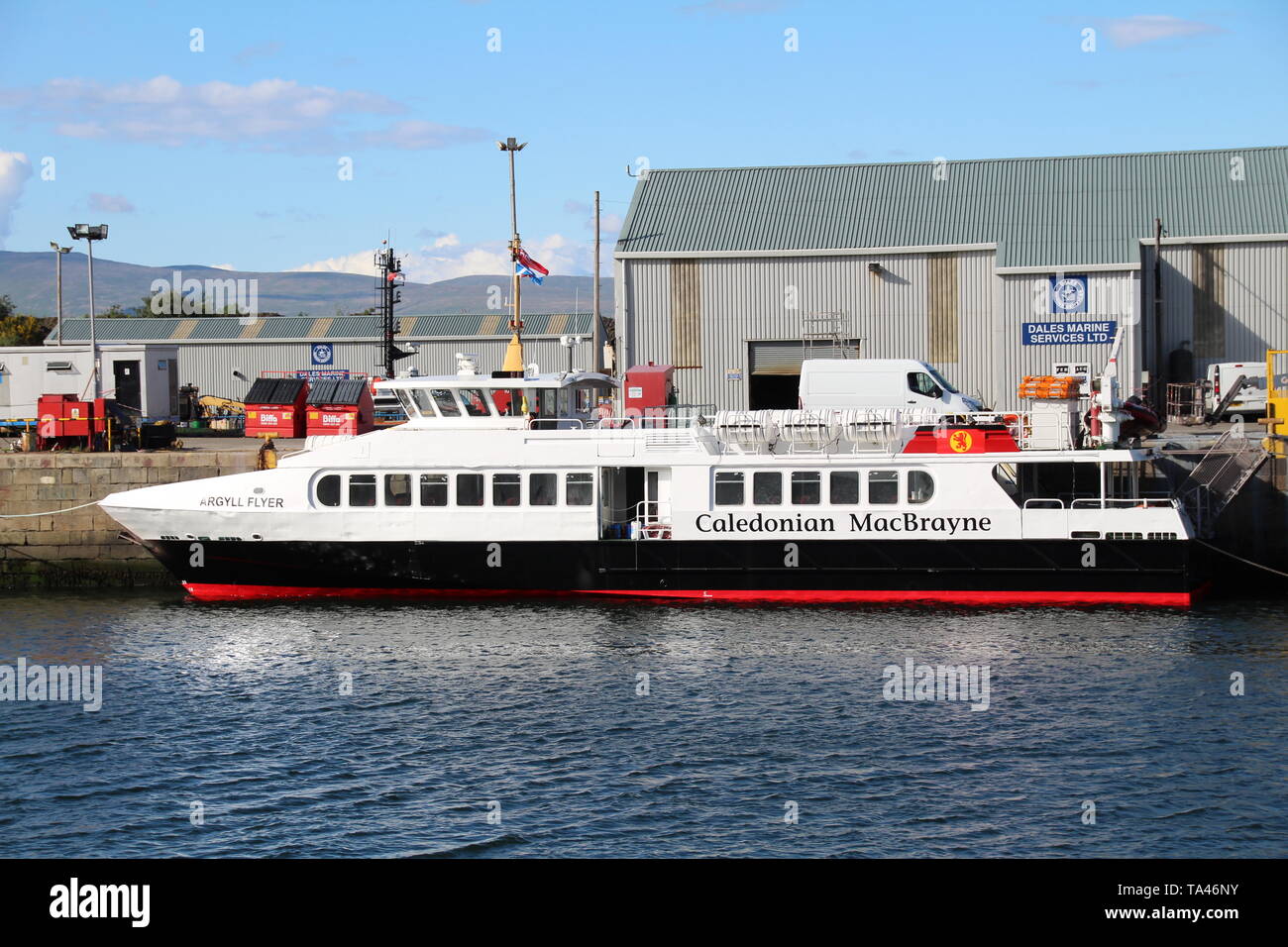 MV Argyll Flyer, at James Watt Dock in Greenock, sporting its new Caledonian MacBrayne livery ...