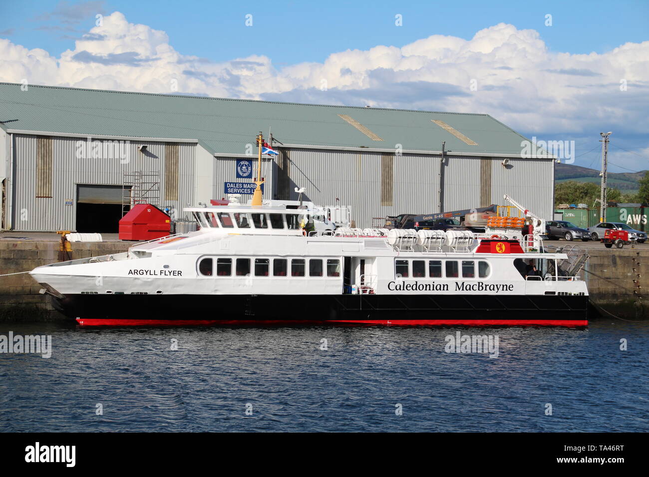 MV Argyll Flyer, at James Watt Dock in Greenock, sporting its new Caledonian MacBrayne livery ...