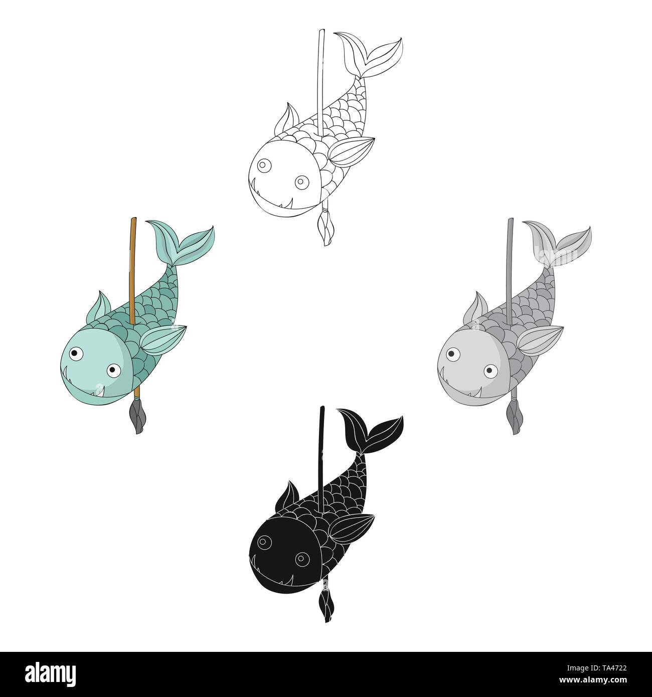 Fish on the spear icon in cartoon,black style isolated on white ...