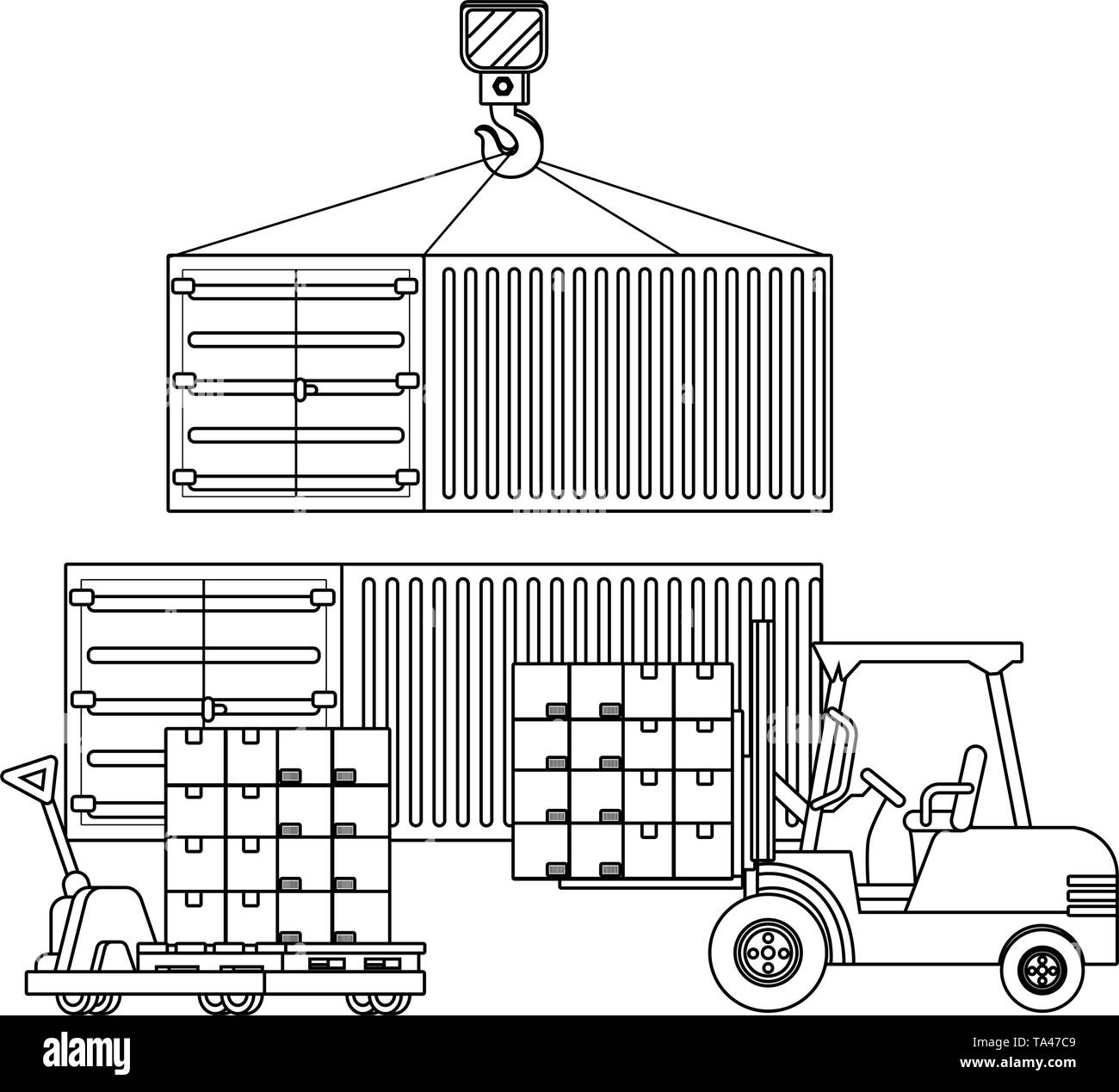cargo containers with pushcart and lift truck with boxes vector ...