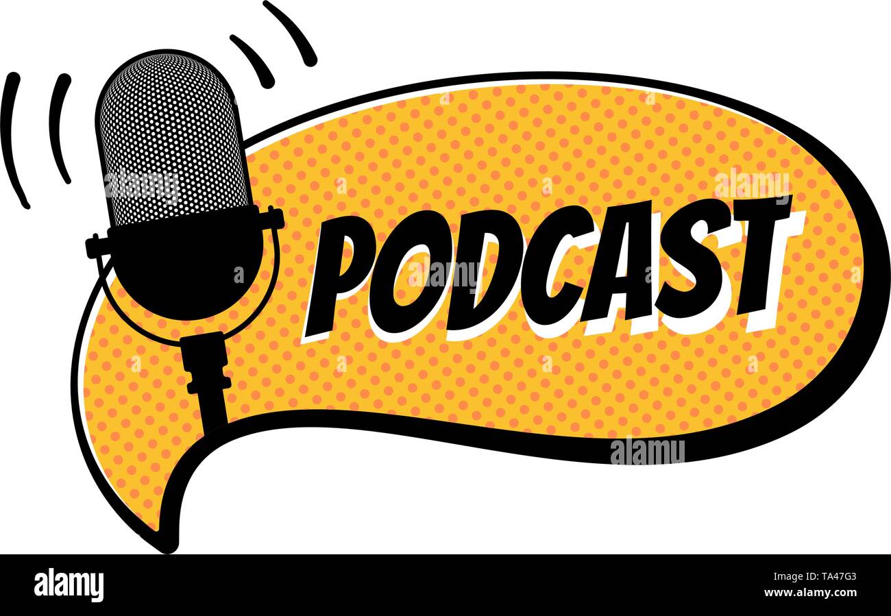 Podcast radio sign. Retro studio table microphone with broadcast text ...