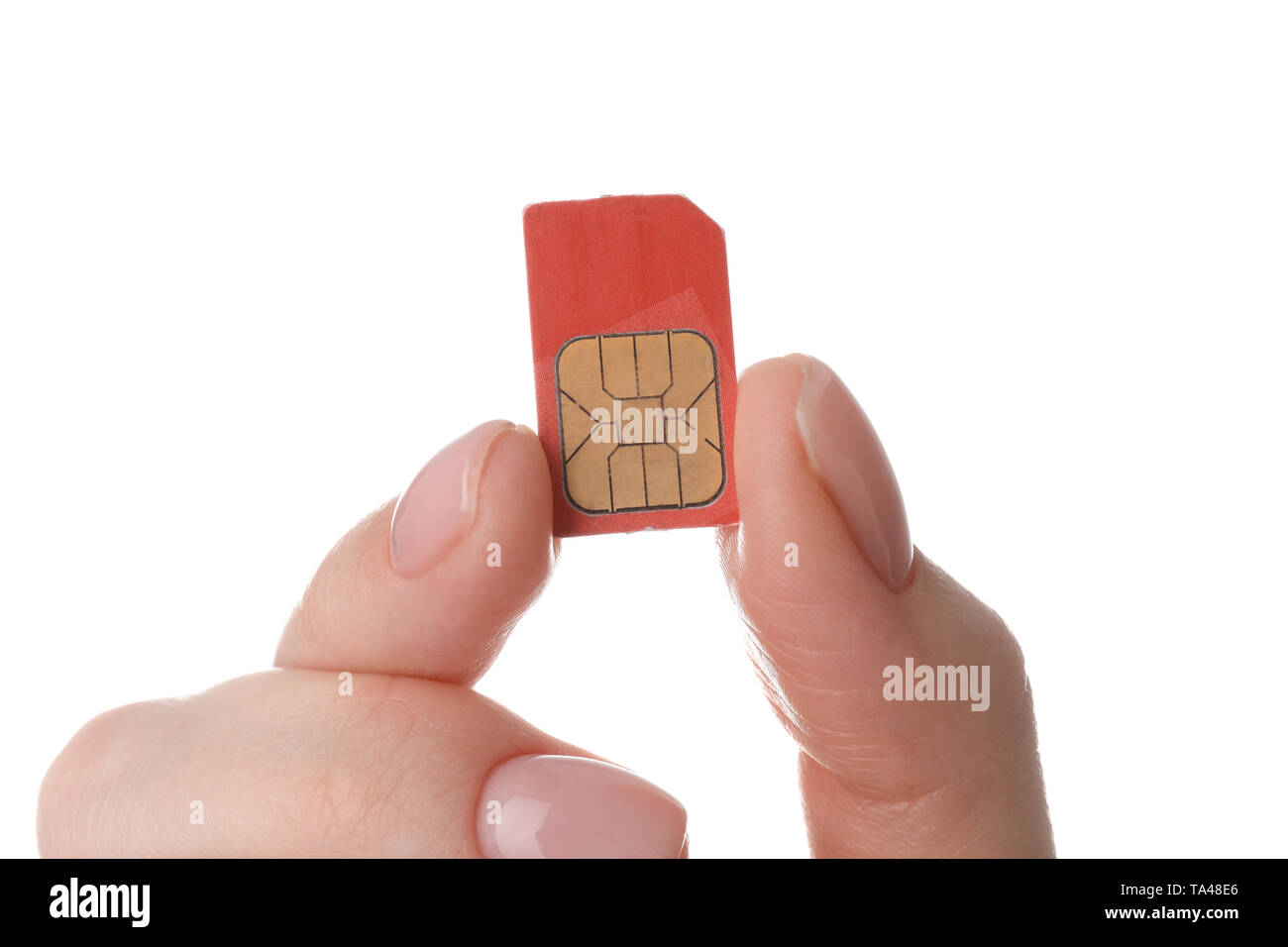Female hand holding sim card on white background Stock Photo - Alamy