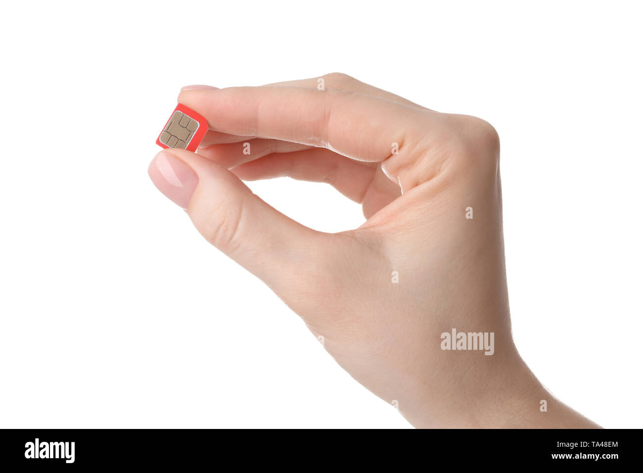 Female hand holding sim card on white background Stock Photo - Alamy