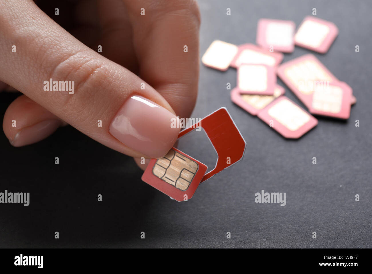 Female hand holding sim card on dark background Stock Photo - Alamy