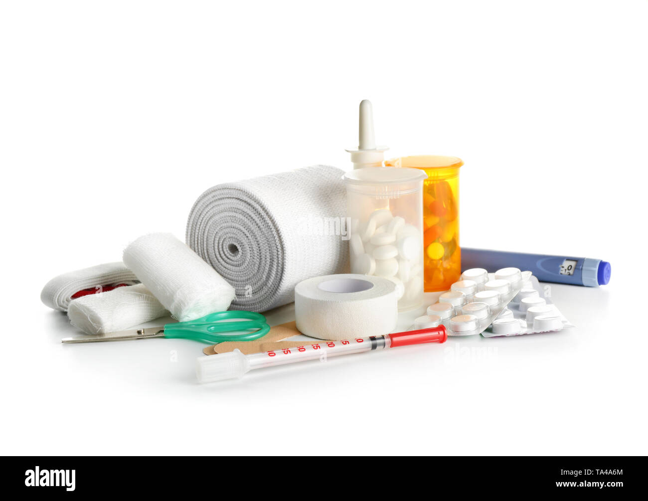 Items from first aid kit on white background Stock Photo - Alamy
