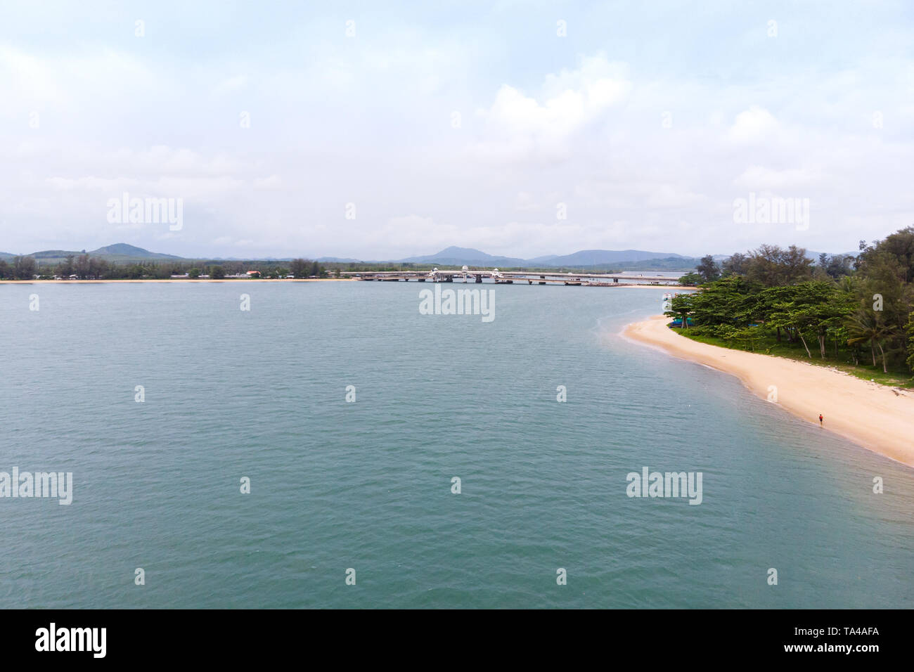 Scenic landscape of big river and reservoir dam with mountain and ...