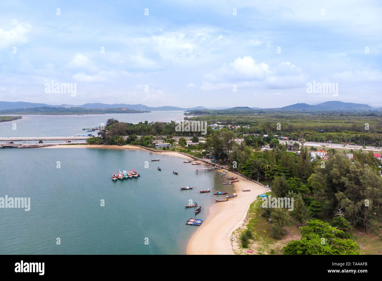 Scenic landscape of big river and reservoir dam with mountain and ...