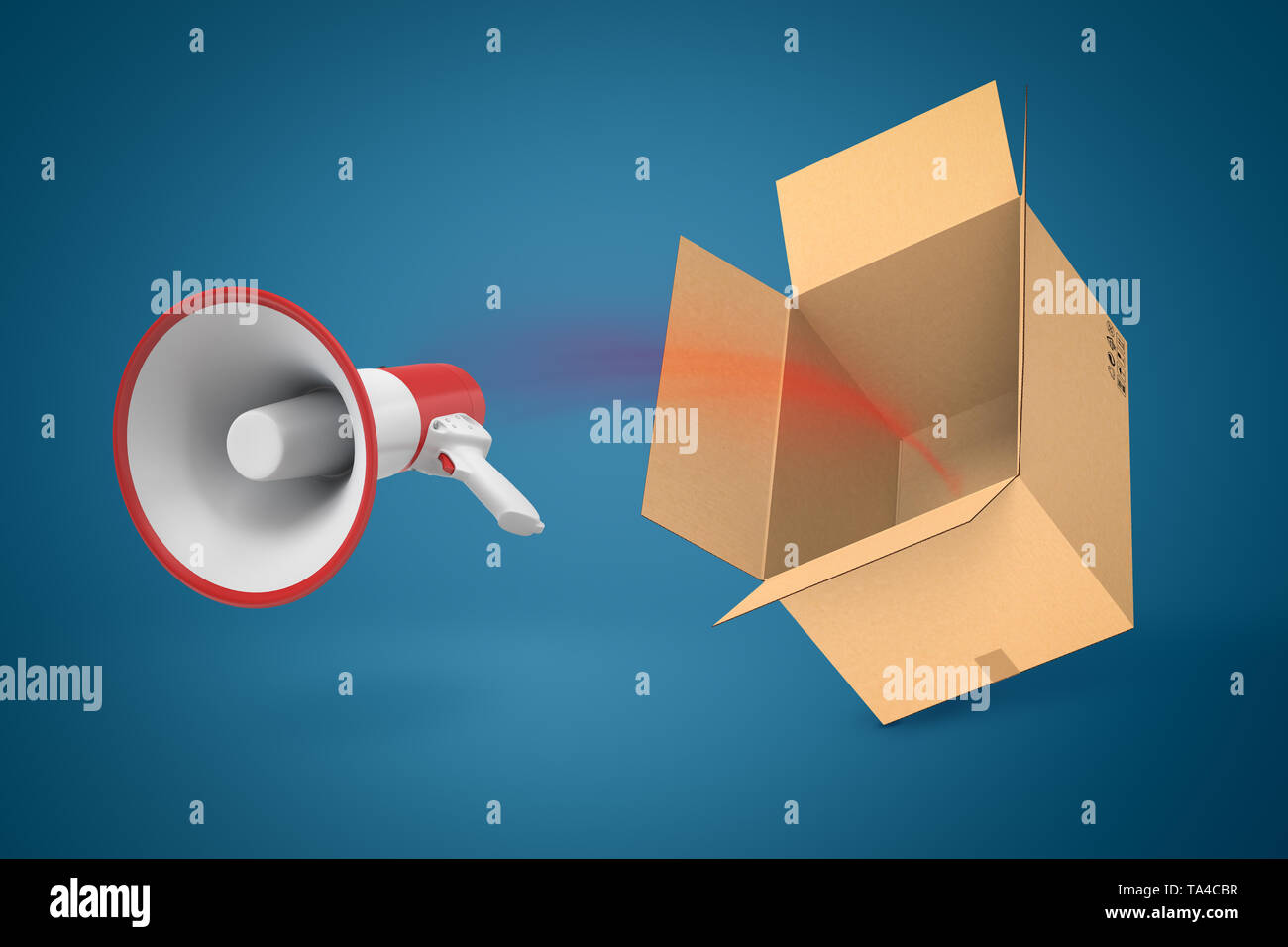 3d rendering of red and white megaphone flying out of cardboard box on ...