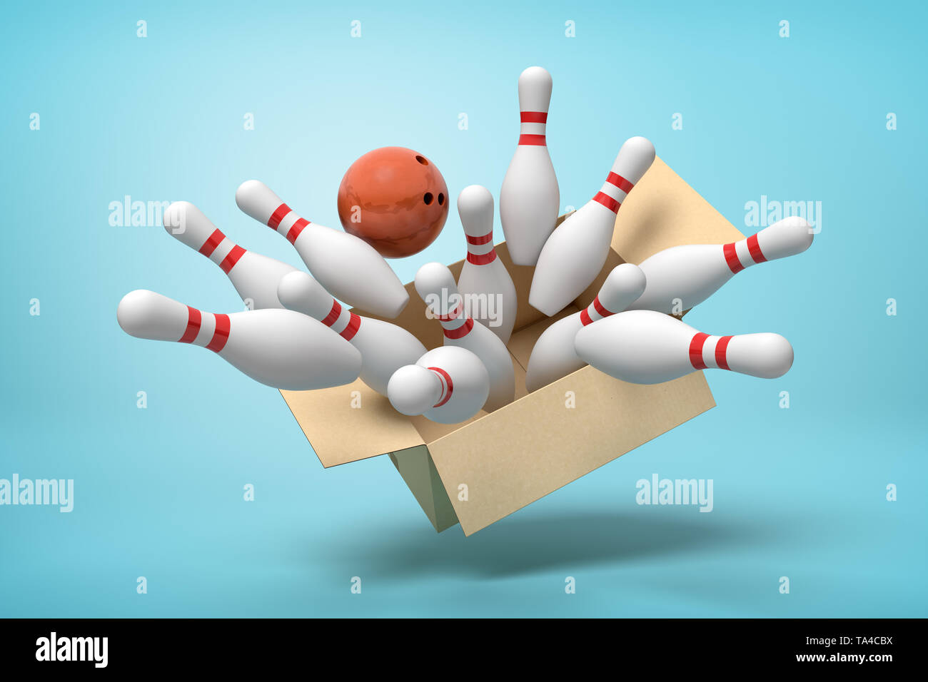 3d rendering of cardboard box full of white bowling pins and one brown ...