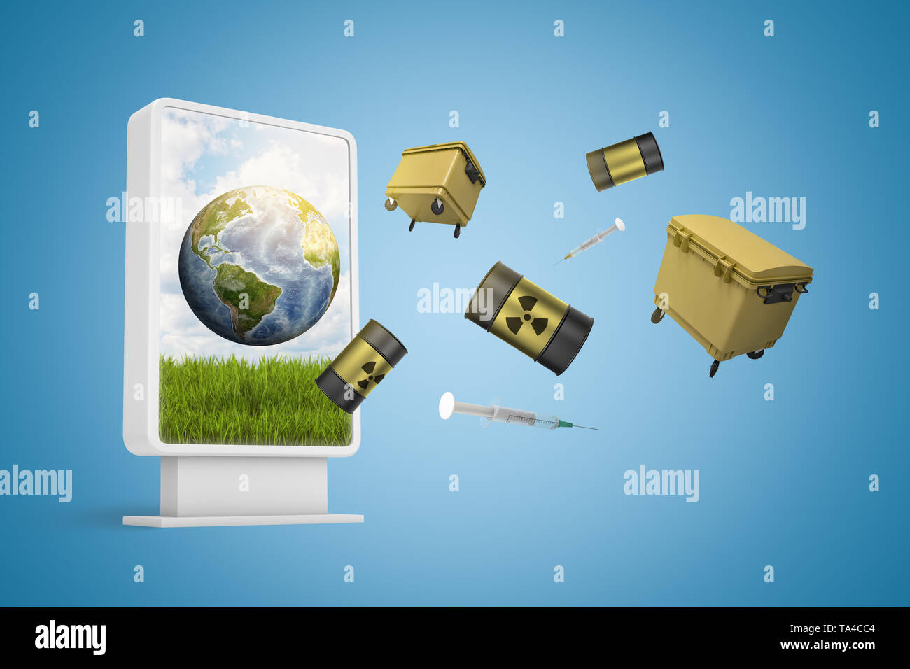 3d rendering of information display showing Earth with trash cans and ...