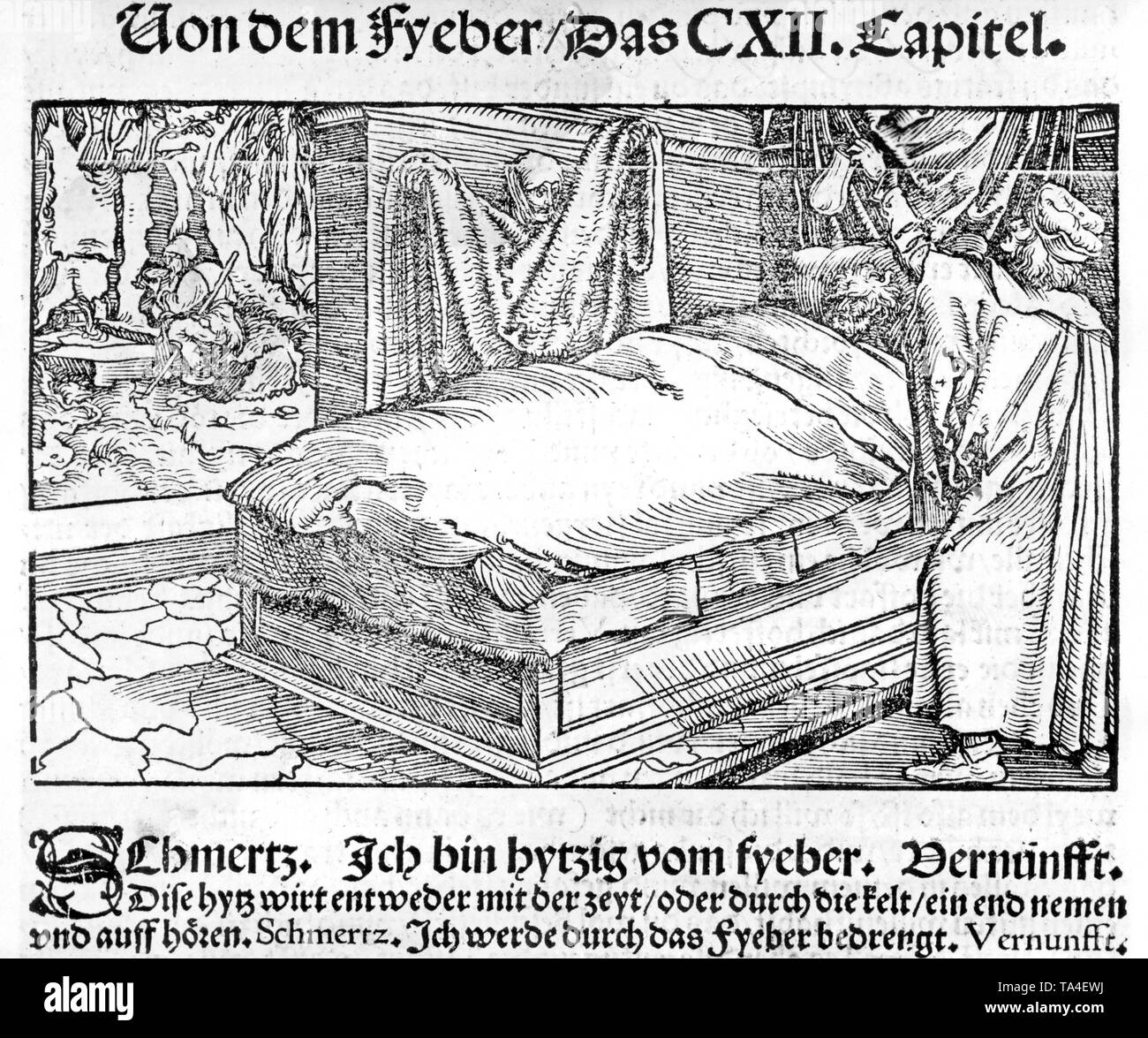 The woodcut illustrates a fever patient receiving sweating therapy ...
