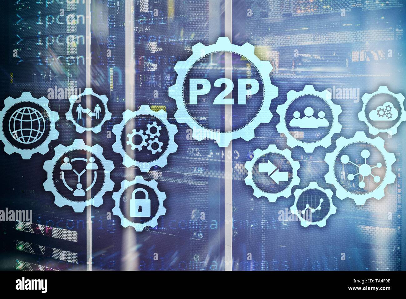 Peer to peer. P2P on the virtual screen with a server room background ...