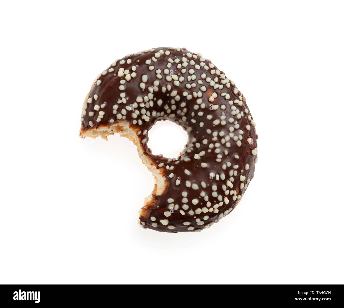 Sweet bitten donut on white background Stock Photo - Alamy