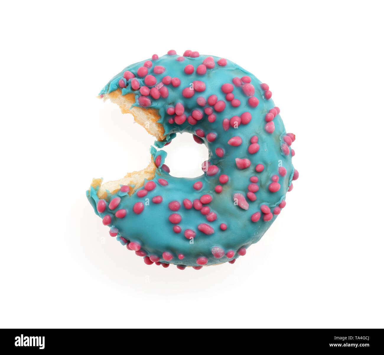 Sweet bitten donut on white background Stock Photo - Alamy