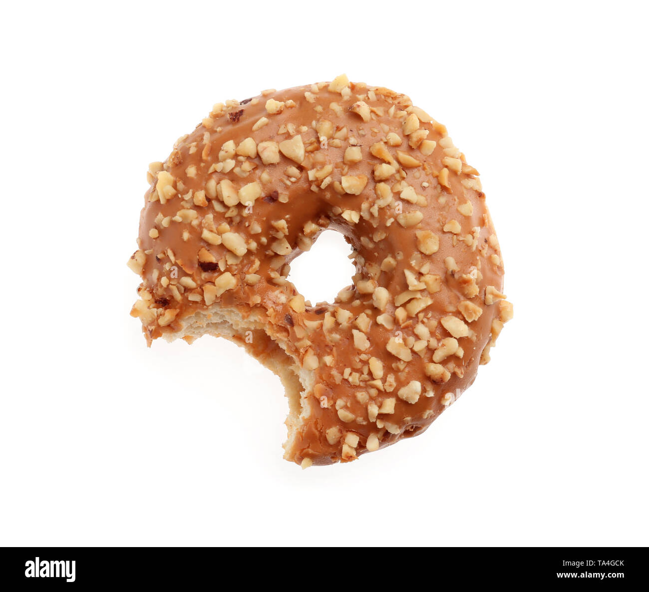 Sweet bitten donut on white background Stock Photo - Alamy
