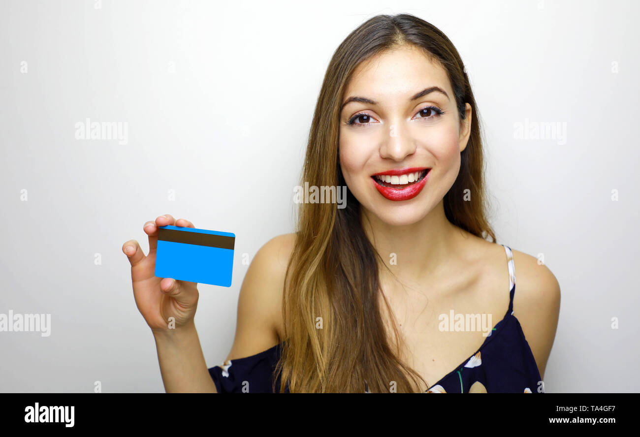 Happy smiling woman hold credit card on white background Stock Photo ...