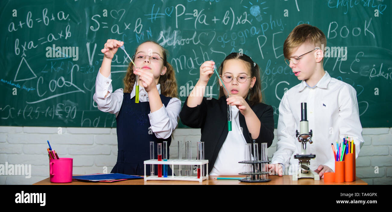 Group school pupils with test tubes study chemical liquids. Science ...