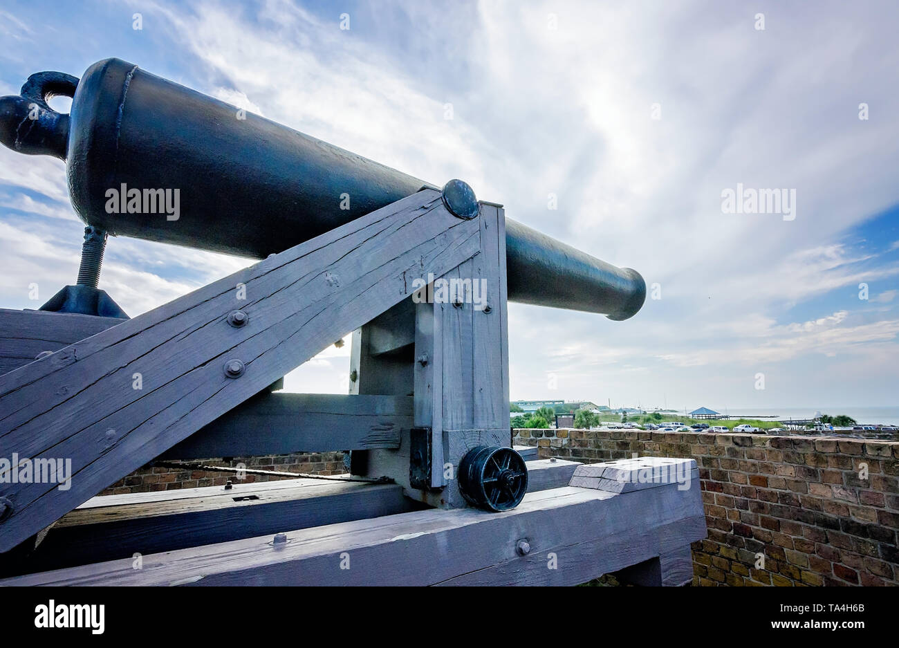 A Civil War cannon points at Mobile Bay from Fort Gaines, Aug. 2, 2014 ...